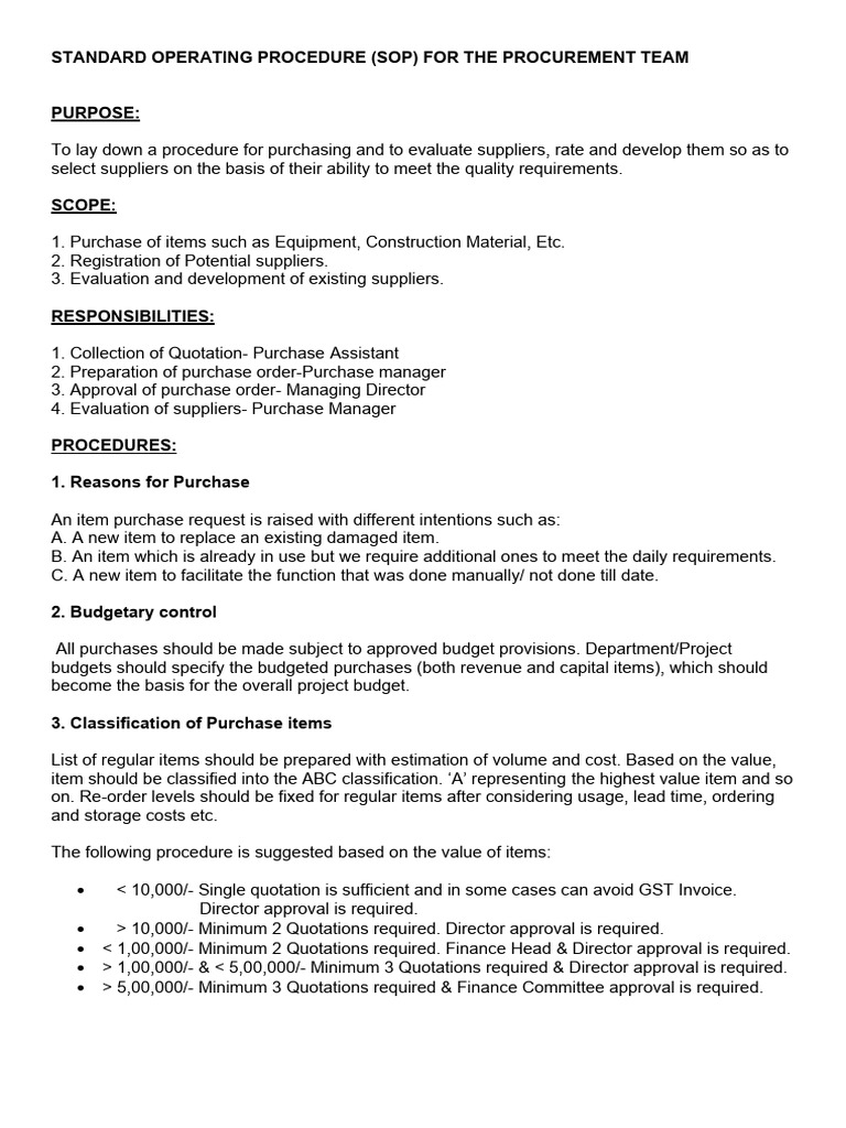 (Sop) For The Procurement Team | PDF | Business | Economies