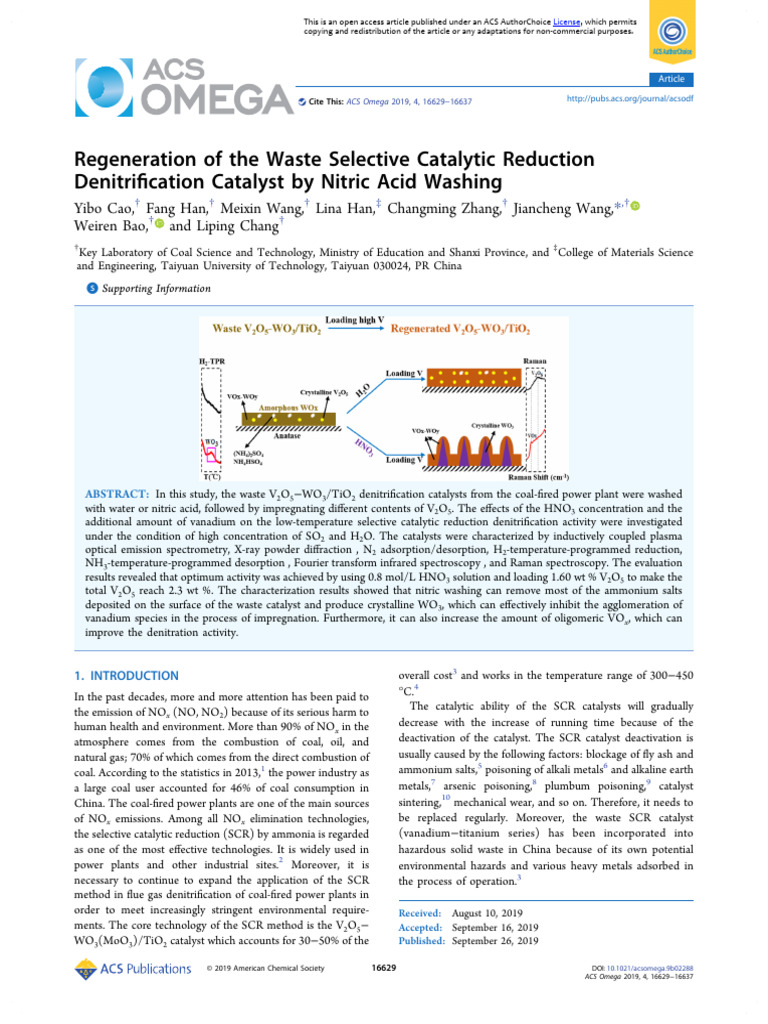 Regeneration of The Waste Selective Catalytic Reduction Denitrification Catalyst by Nitric Acid ...