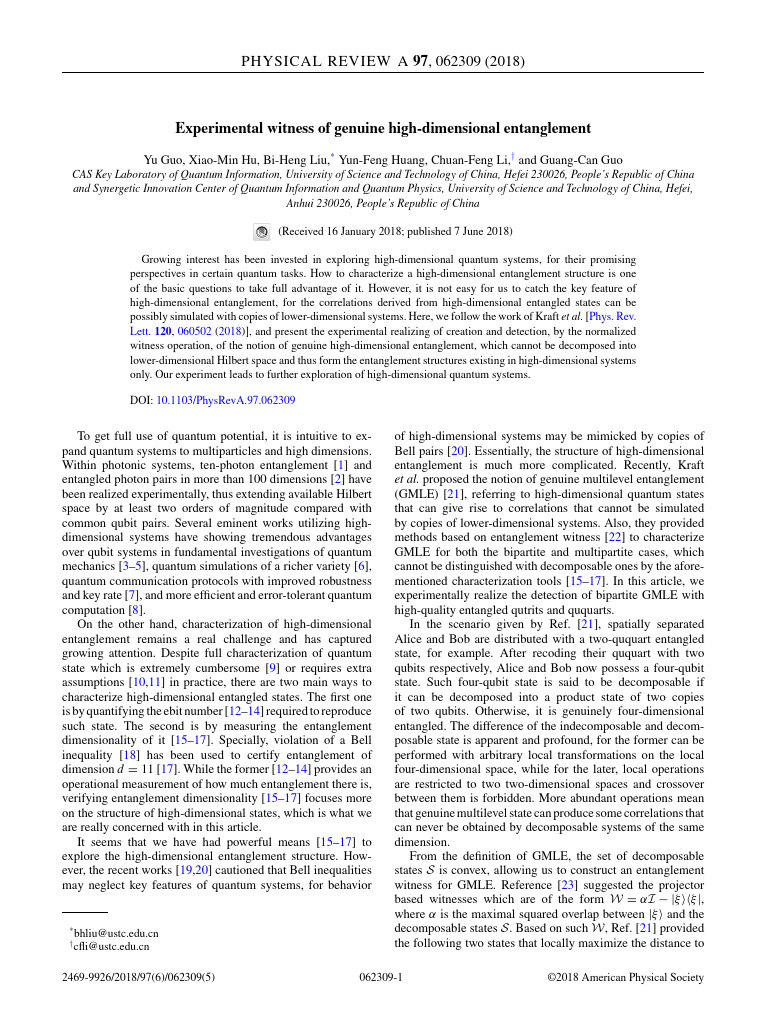 Experimental Witness of Genuine High-Dimensional Entanglement | PDF | Quantum Entanglement ...