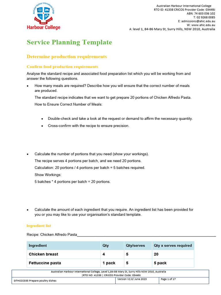 SITHCCC035 Service Planning Template | PDF | Cooking | Sauce