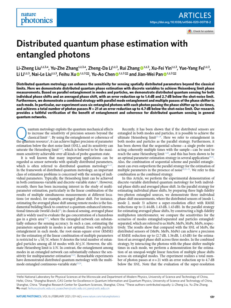 Distributed Quantum Phase Estimation With Entangled Photons Pdf Quantum Entanglement