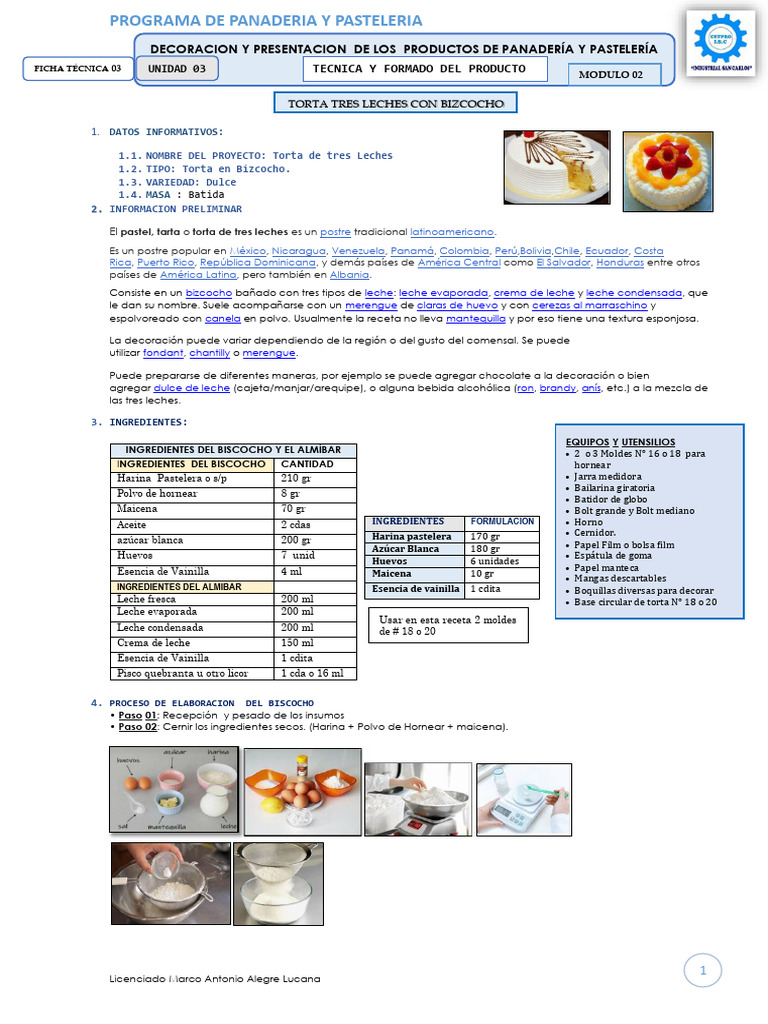 Ficha Operativa - Biscocho para Torta Tres Leches-1 | PDF | Alimentos | Postres