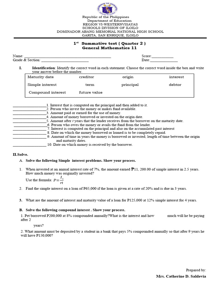 1st Summative Gen - Math | PDF | Interest | Debt