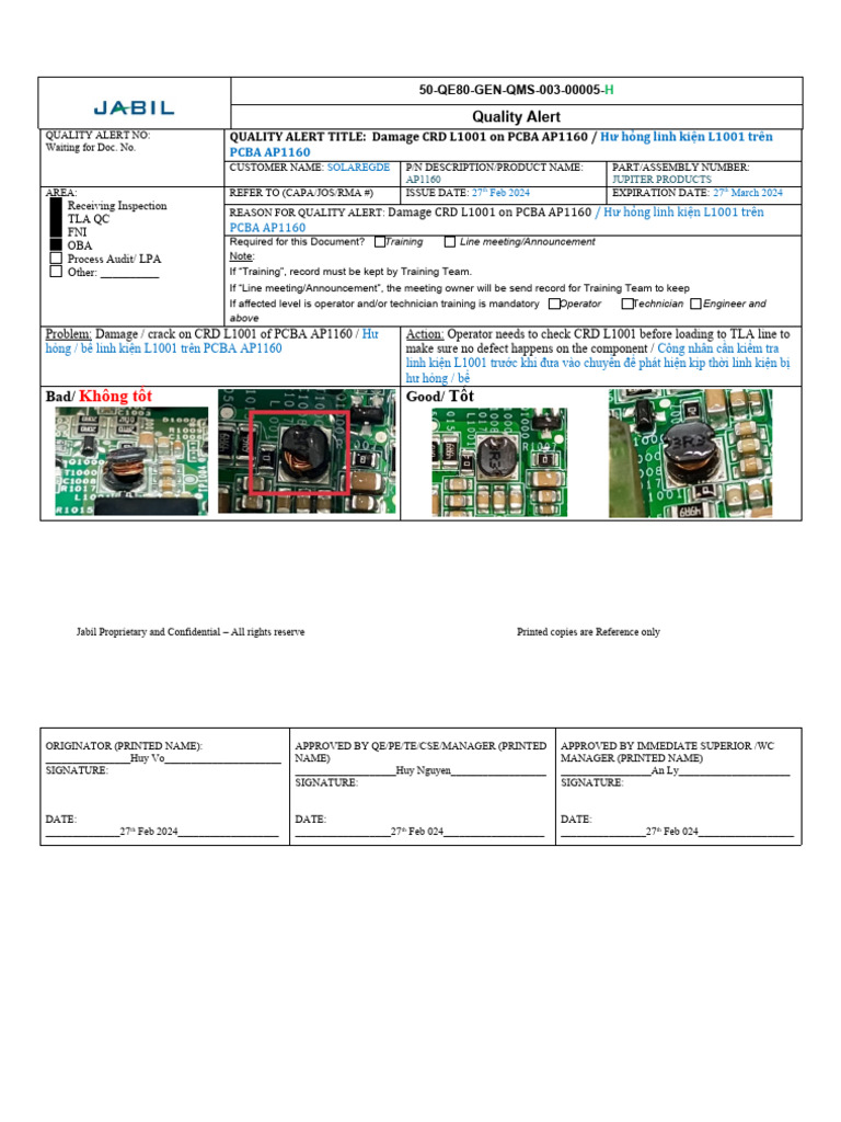 Damage Alert: CRD L1001 on PCBA AP1160 | PDF | Quality