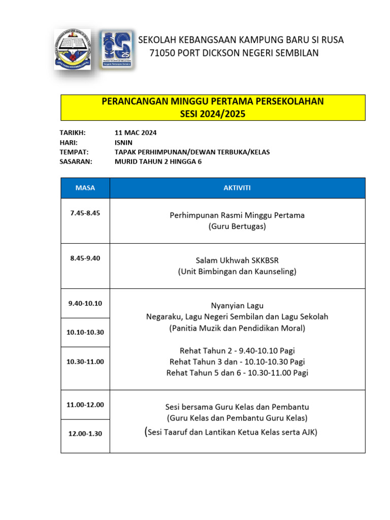 Aktiviti Minggu Pertama Persekolahan 2024 | PDF