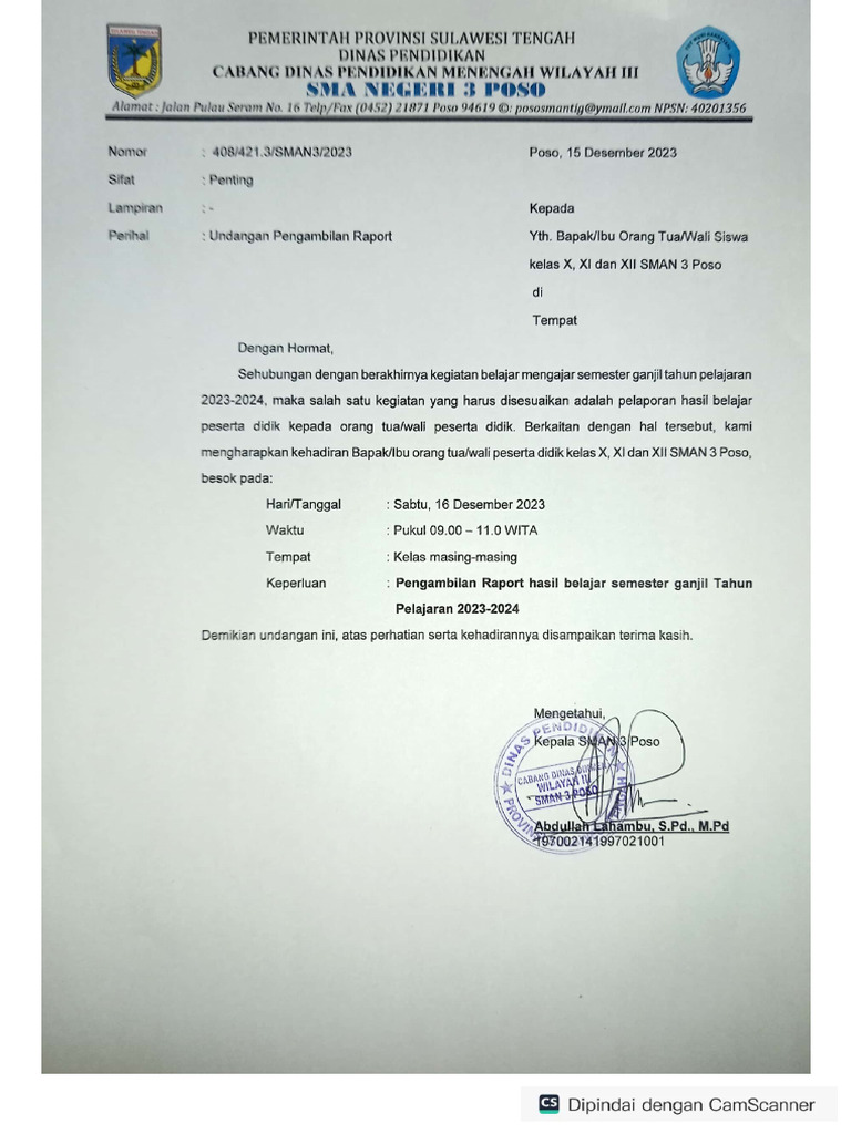 Surat Undangan Penerimaan Raport | PDF