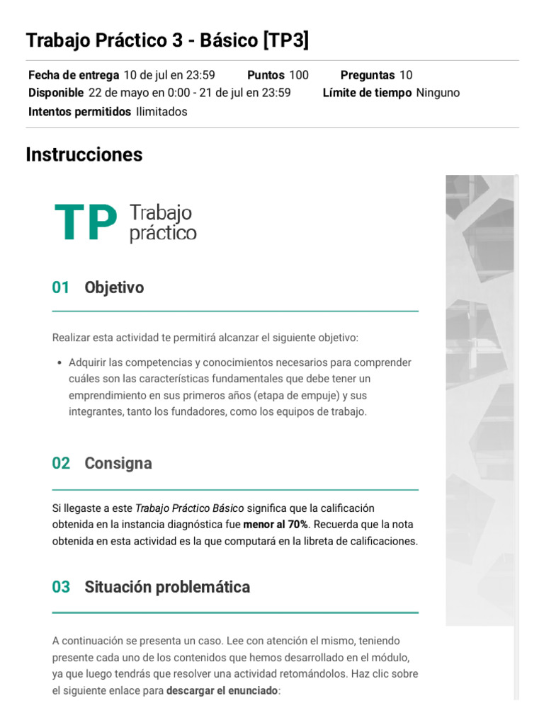 Trabajo Práctico 3 - Básico (Tp3) - Desarrollo Emprendedor 22-May-2023 22-Jul-2023 | PDF ...
