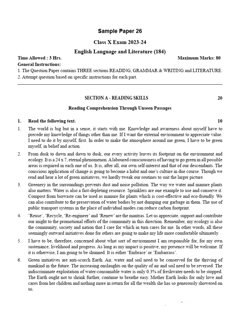 Sample Paper Class 102 | PDF