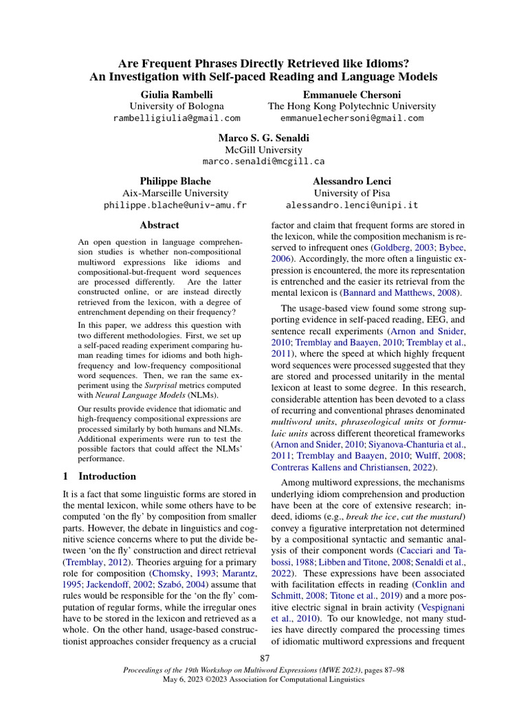 Are Frequent Phrases Directly Retrieved Like Idioms? An Investigation With Self-Paced Reading ...