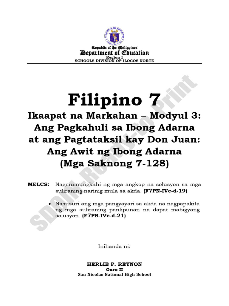 Filipino 7 Q4 Week4 Module3 MELC5 6 Modyul3 Reynon, Herlie | PDF