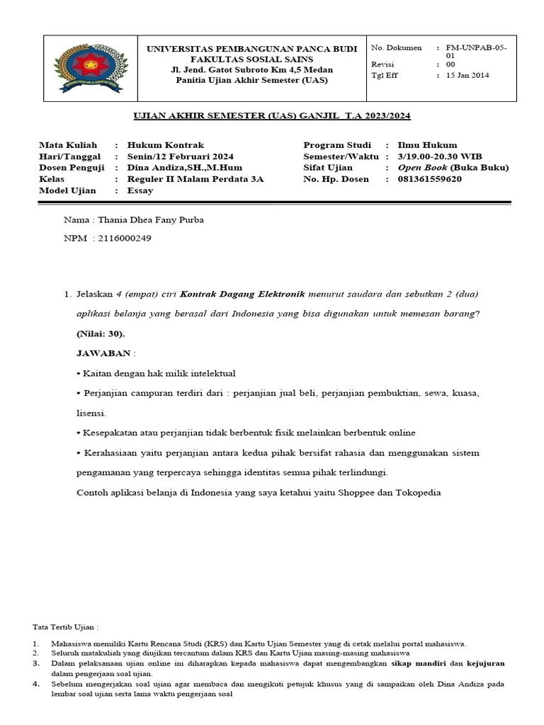 Uas Hukum Kontrak Thania Purba 2116000249 | PDF