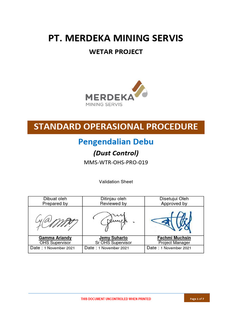 MMS OHS PR 019 Pengendalian Debu | PDF