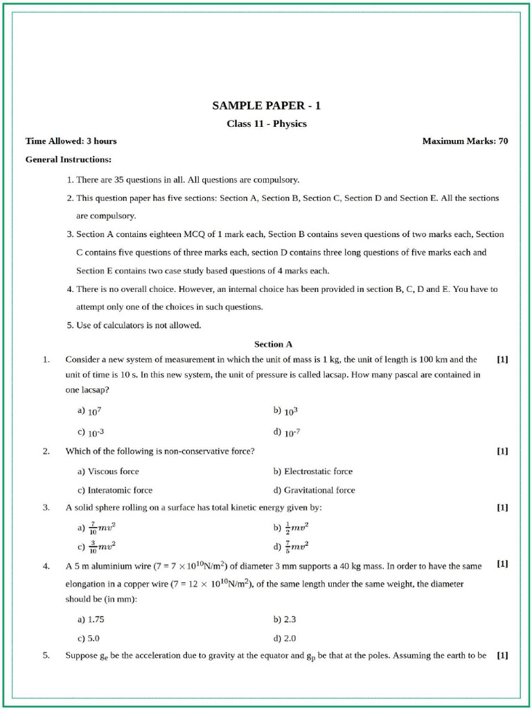 Physics Sample Paper 1 | PDF