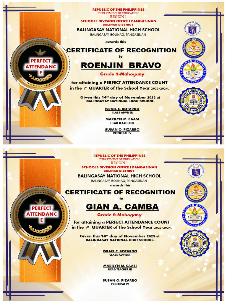 Perfect Attendance Recognition Q1 2023-2024 | PDF | Government | Public Law