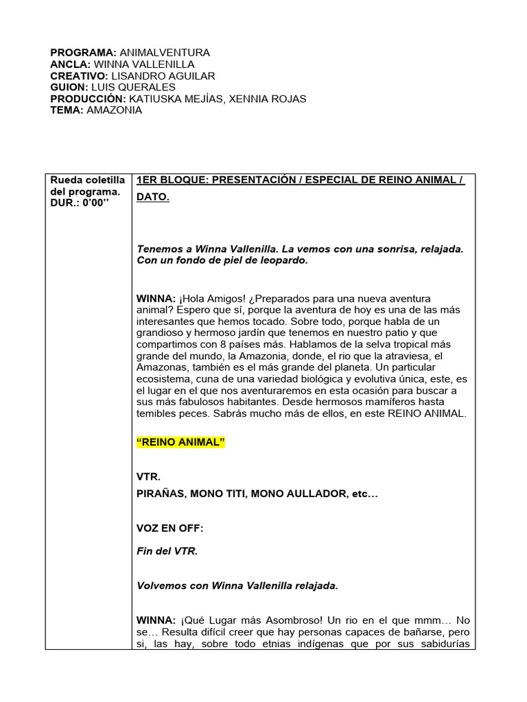 Guion Programa de TV ANIMALVENTURA | PDF | Selva amazónica | Especie en peligro