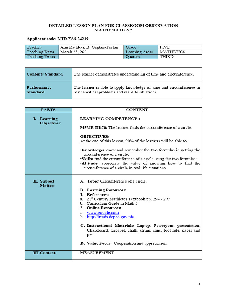 DETAILED LESSON PLAN FOR CLASSROOM OBSERVATION Math52024 | PDF | Pi | Learning