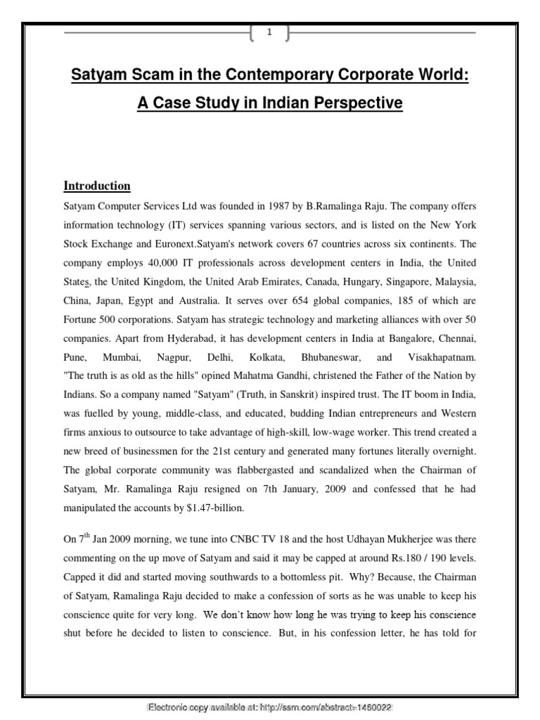 Satyam Scam in The Contemporary Corporate World: A Case Study in Indian ...