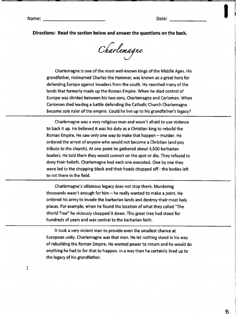 Charlemagne Reading Passages and Questions | PDF