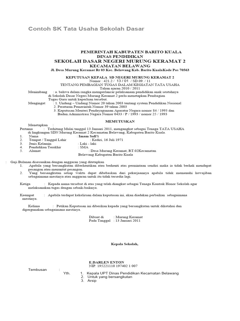 Contoh SK Tata Usaha Sekolah Dasar | PDF