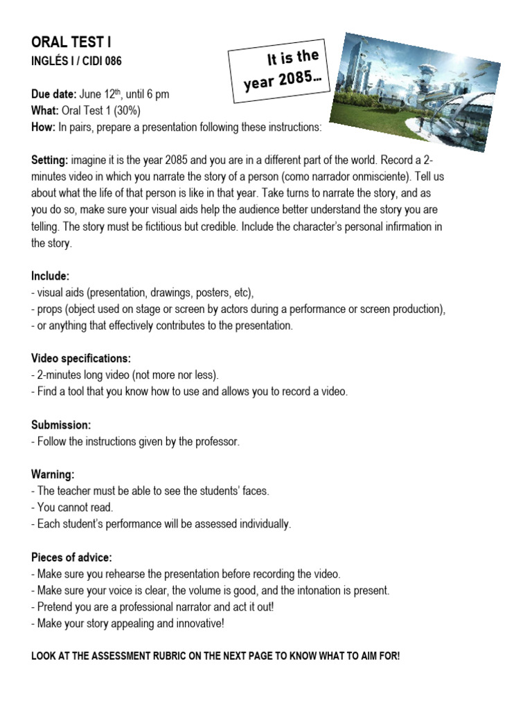 Oral Test 1 - Instructions + Rubric - For Students | PDF | Word ...