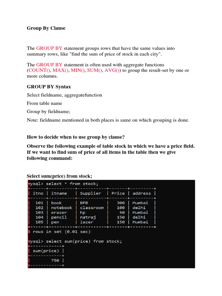 Understanding the GROUP BY Clause in SQL | PDF