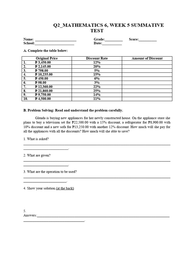 Q2 Math 6 Week 5 Summative Test | PDF