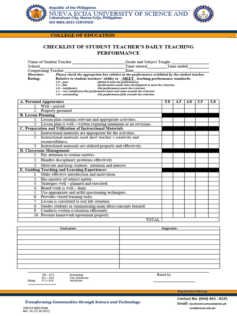 Revised - Neust Edu F006 Checklist of Student Teachers Daily Teaching ...