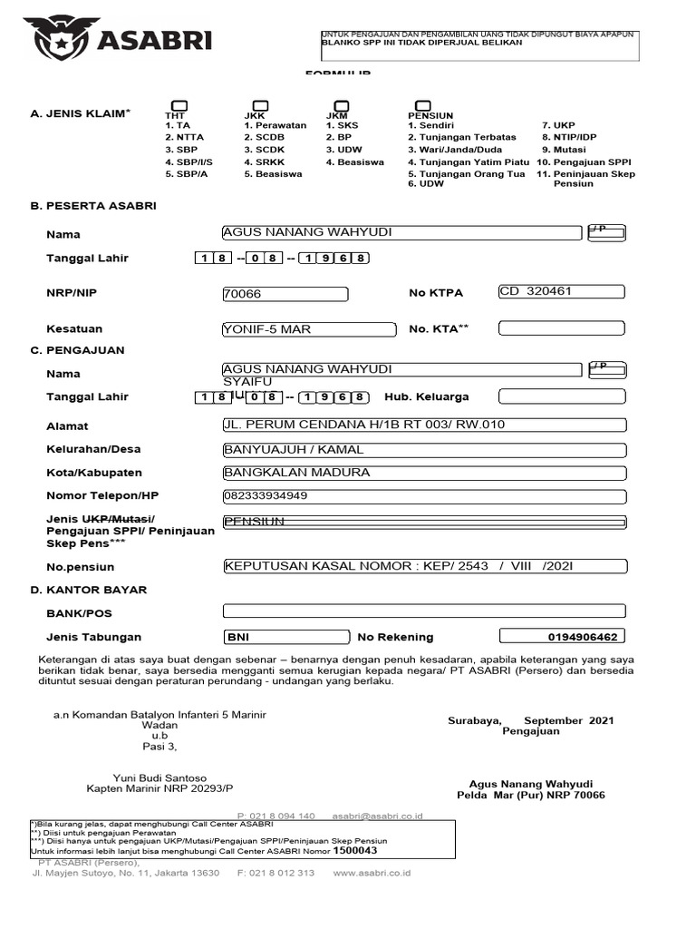 PENGAJUAN ASABRI Agus Nanang Madura | PDF