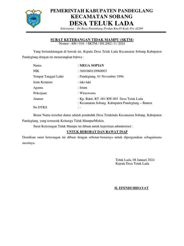 FORMAT SKTM Yang Masuk DTKS MEGA SOPIAN | PDF
