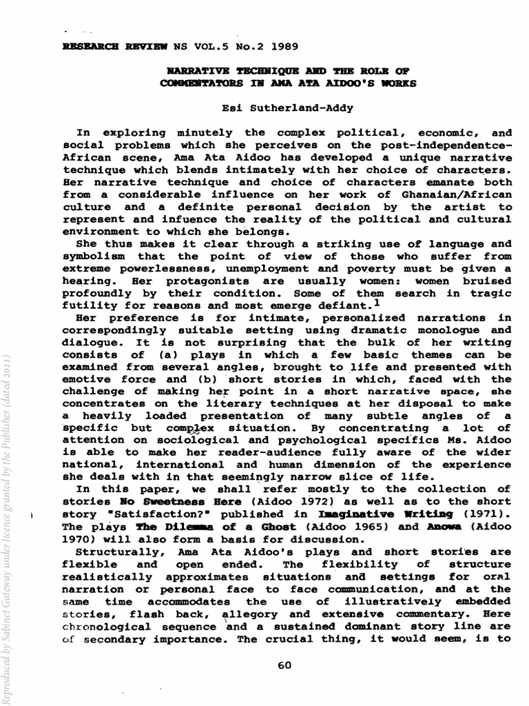 Sutherland Addy 1989 Narrative Technique and The Role of Commentators in Ama Ata Aidoo S Works ...
