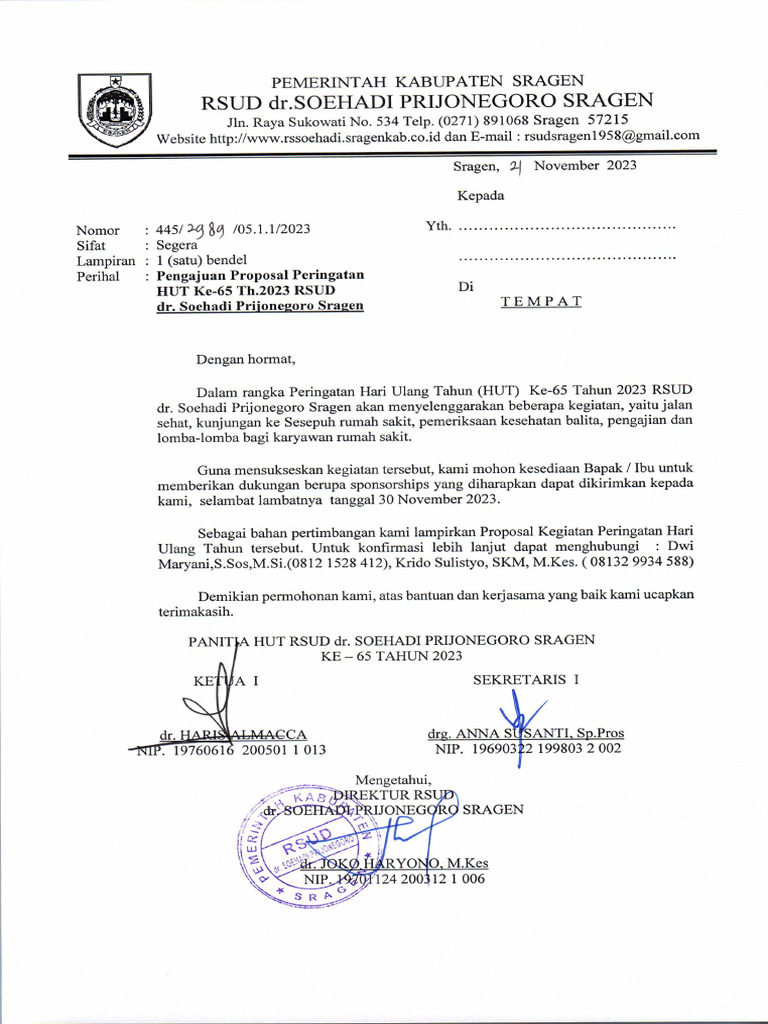 Pengajuan Proposal Peringatan Hut Ke 65 RSSP | PDF