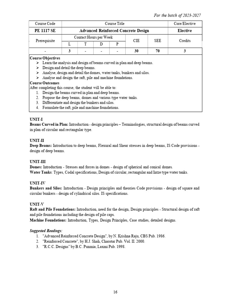 Advanced Reinforced Concrete Design - Syllabus | PDF
