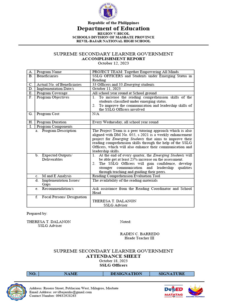 RBNHS - SSLG Project TEAM ACCOMPLISHMENT REPORT | Download Free PDF ...