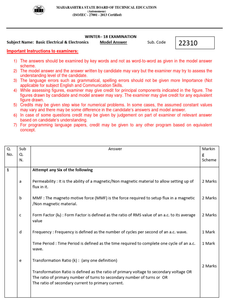 Model Answer Paper for 22310 Exam | PDF | Electromagnetic Induction ...