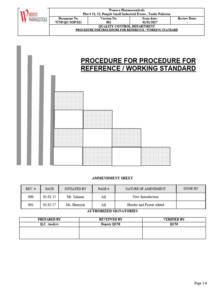 Wnp-Qc-Sop-011 Procedure For Referenced & Working Standards | PDF | Assay