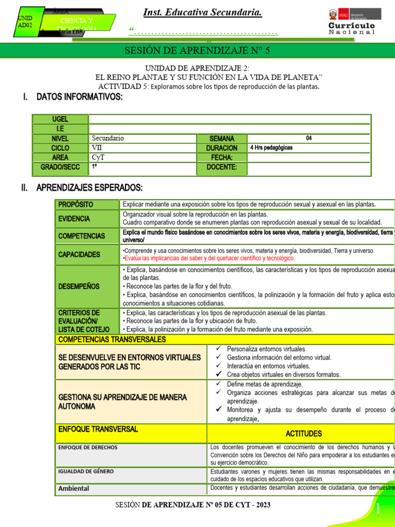 D-1º Ses-Act 5-Cyt Und 2 | PDF | Aprendizaje | Plantas