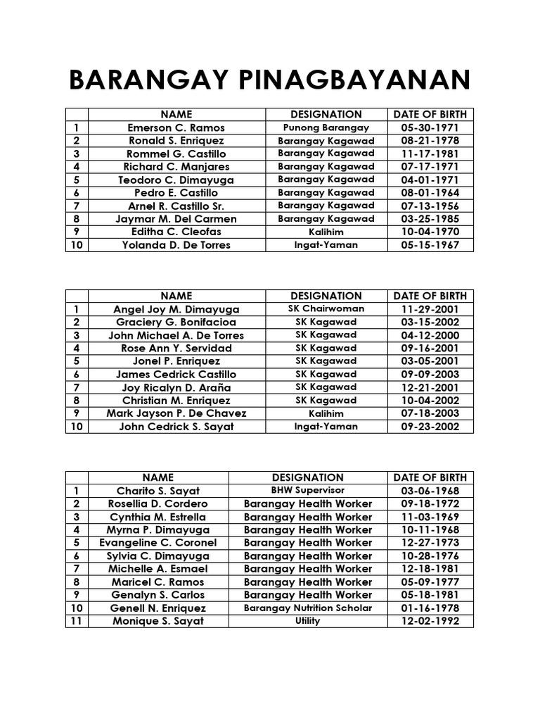 Barangay Pinagbayanan Functionaries | PDF