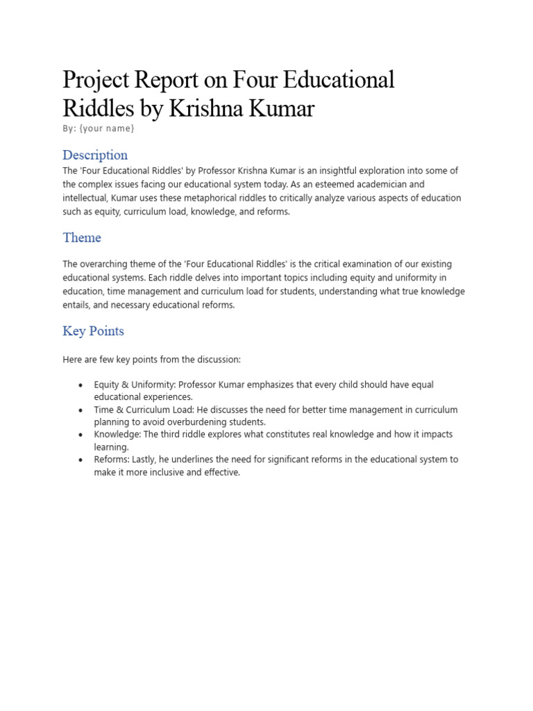Project Report On Four Educational Riddles | PDF | Knowledge | Curriculum