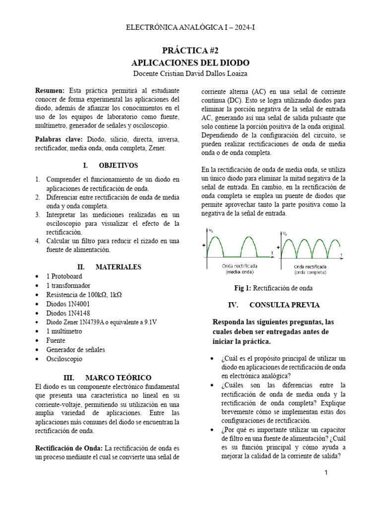 Práctica 2 - Aplicaciones Del Diodo | PDF | Rectificador | Diodo