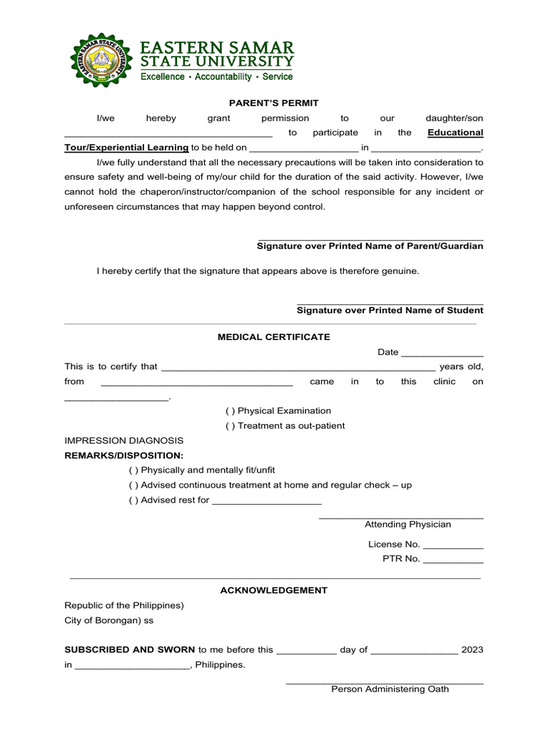 Parents Permit and Medical Certificate | PDF | Medicine | Health Care