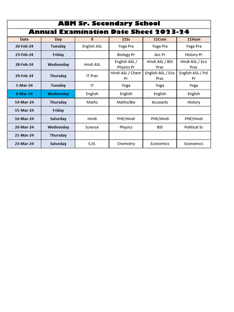 ABM School Annual Exam Schedule 2023-24 | PDF