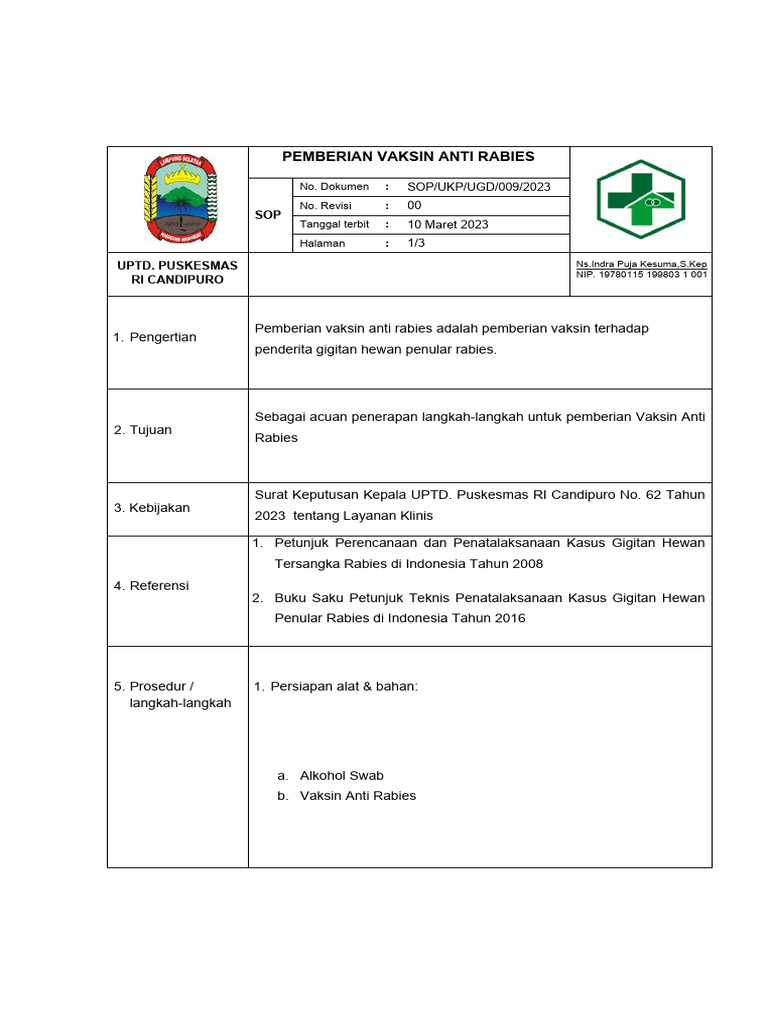 Prosedur Vaksinasi Anti Rabies | PDF