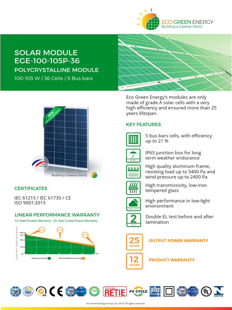 Datasheet Panel 100w 12v Ecogreen | PDF | Solar Panel | Electrical ...