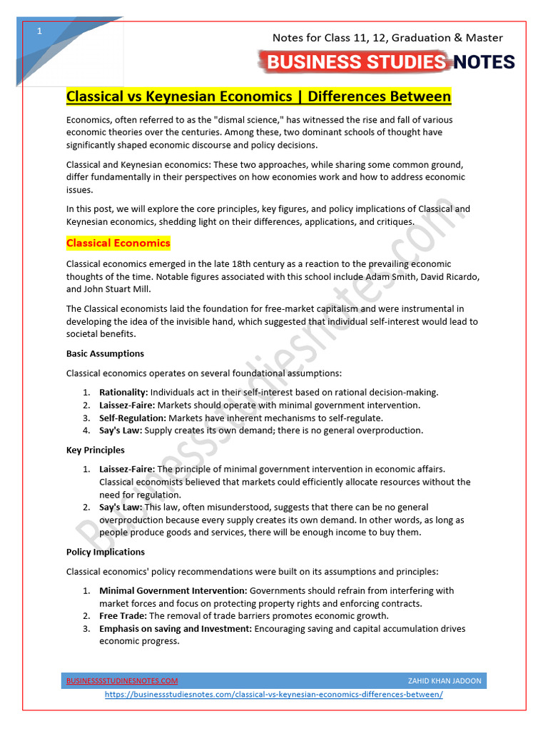 Classical Vs Keynesian Economics Differences Between | PDF