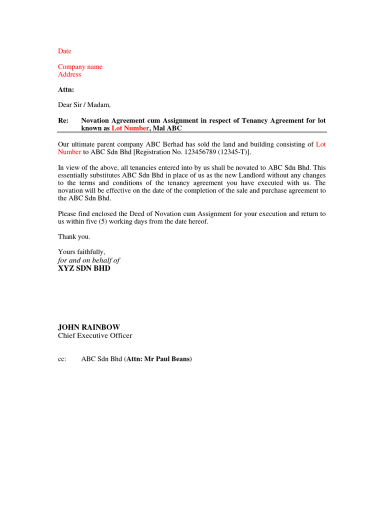 Cover Letter - Novation Cum Assignment (Sample) | PDF