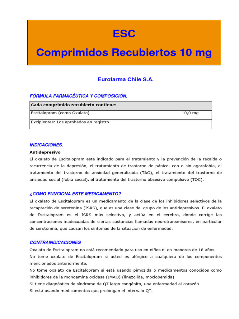 Bula Esc 10 MG Escitalopram Oxalato Bioequivalente | PDF ...