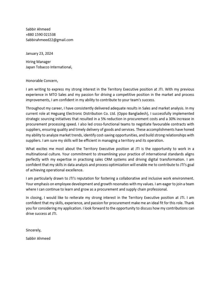 Cover Letter Jti | PDF