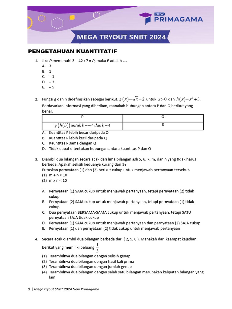 SOAL MEGA TRYOUT SNBT 2024 - PENGETAHUAN KUANTITATIF Siswa | PDF