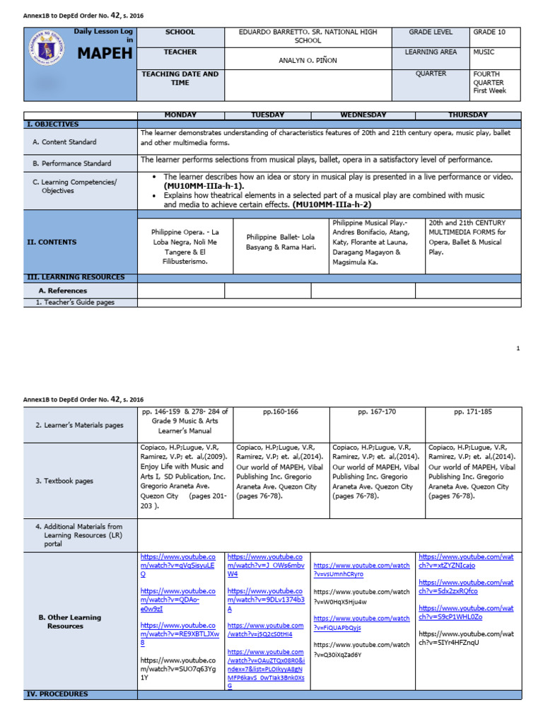 DLL - Grade 10 Music 4th Quater First Week by Eynah | PDF | Multimedia