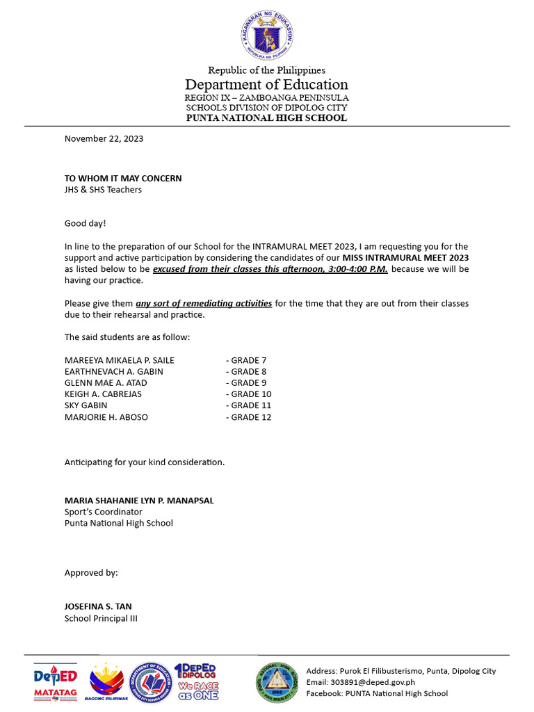 Excuse Letter For Miss Intrams | PDF